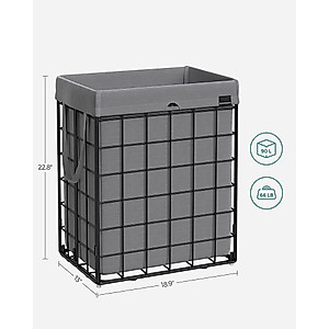 SONGMICS Laundry Hamper, 23.8 Gal. (90L) Laundry Basket, Collapsible Clothes Hamper, Removable and Washable Liner, Metal Wire Frame, for Bedroom Bathroom, Black and Gray ULCB190G01