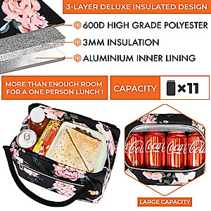 opux Lunch Box for Women, Insulated Lunch Bag Girls School Kids Teens, Cute Small Soft Cooler Tote for Women Adult Work Office, Reusable Medium Lunch Purse Pail, Floral Rose