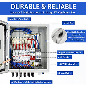 PV Combiner Box, 4 String Solar Combiner Box with Circuit Breaker LED, 15A Rated Current Fuse with Lightning Arrester and 63A DC Breaker Waterproof Solar Connector for On/Off Grid Solar Panel System
