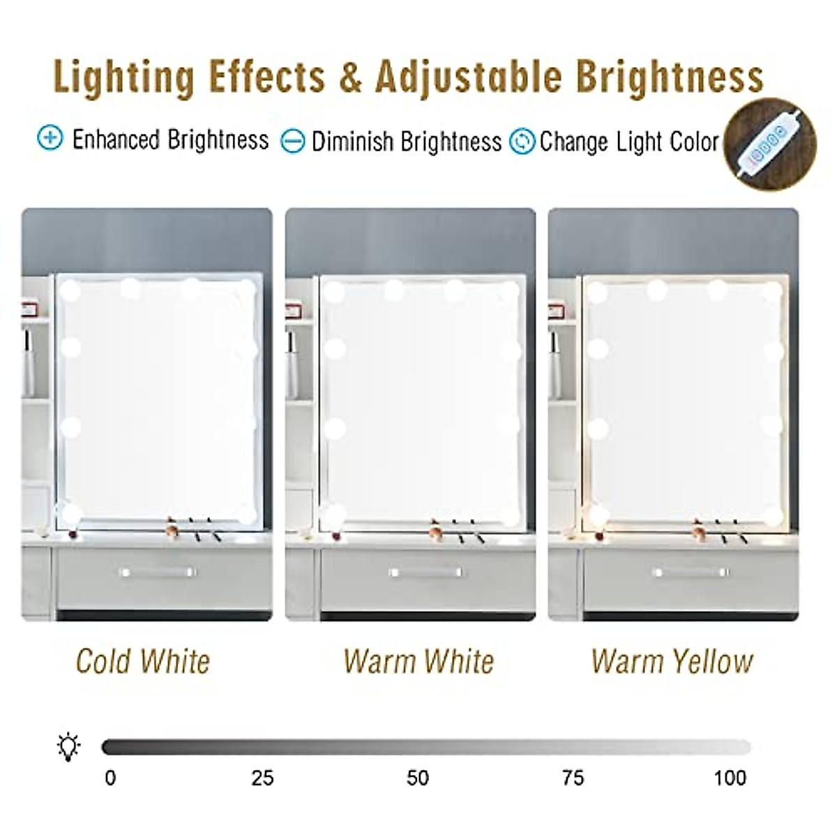 Saihemei Modern Vanity Desk with Lights, 6 Drawers Dresser with Cushioned Stool and 3 Lighting Colors, Makeup Table with Lots Storage for Bedroom