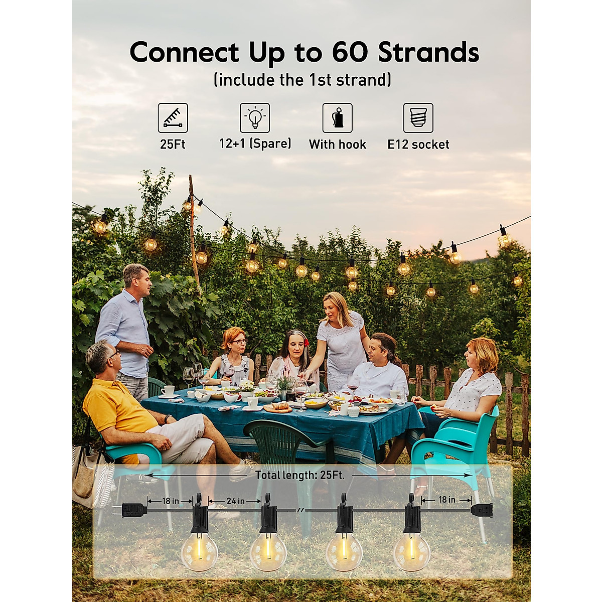 2 Pack 25FT Outdoor String Lights, Globe Patio Lights with 12+1 LED G40 Plastic Shatterproof Bulbs, Waterproof Connectable Edison Hanging Lights, Backyard Lights for Balcony Gazebo Garden Party Decor