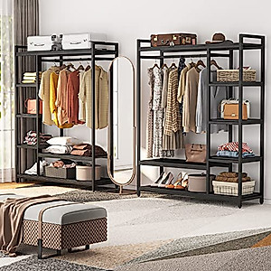 LITTLE TREE Free -Standing Closet Organizer,Heavy Duty Closet Storage with 6 Shelves and Hanging Bar, Large Clothes Storage & Standing Garmen Rack, Black
