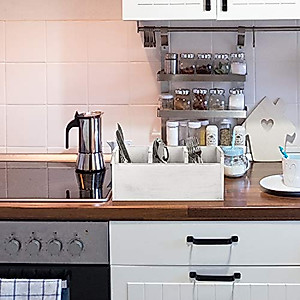 MyGift Vintage White Wood Kitchen Utensil Holder for Countertop with 3 Compartments, Coffee Bar Condiment Organizer Tray