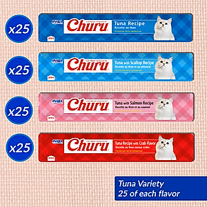 INABA Churu Cat Treats, Lickable, Squeezable Creamy Purée with Vitamin E, 0.5 Ounces per Tube, 100 Tubes Total, Tuna Variety