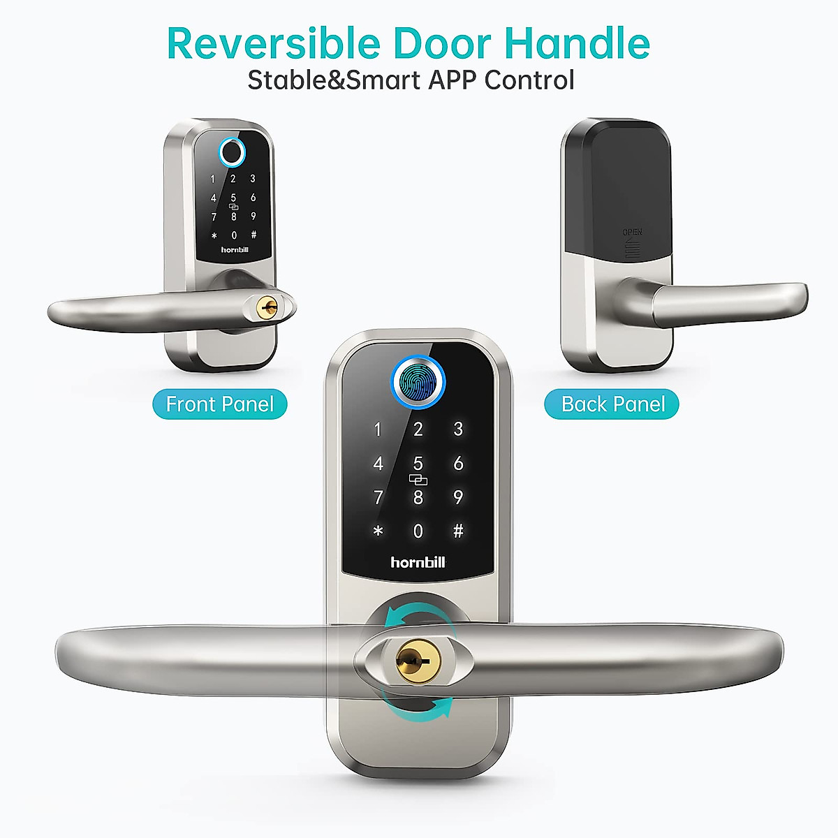 Fingerprint Smart Door Lock with Handle - Hornbill Keyless Entry Door Lock with Lever - Smart Electronic Digital Front Door Keypad - Auto Lock Code App Fob Alexa for Apartment Office - Silver
