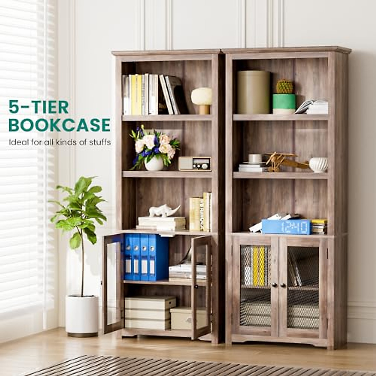 Naice Bookshelf 70" Tall Bookcase, 5 Shelf Book Shelf with Glass Doors Adjustable Display Storage Shelves Wood Large Bookshelf Furniture for Bedroom Home Office Living Room