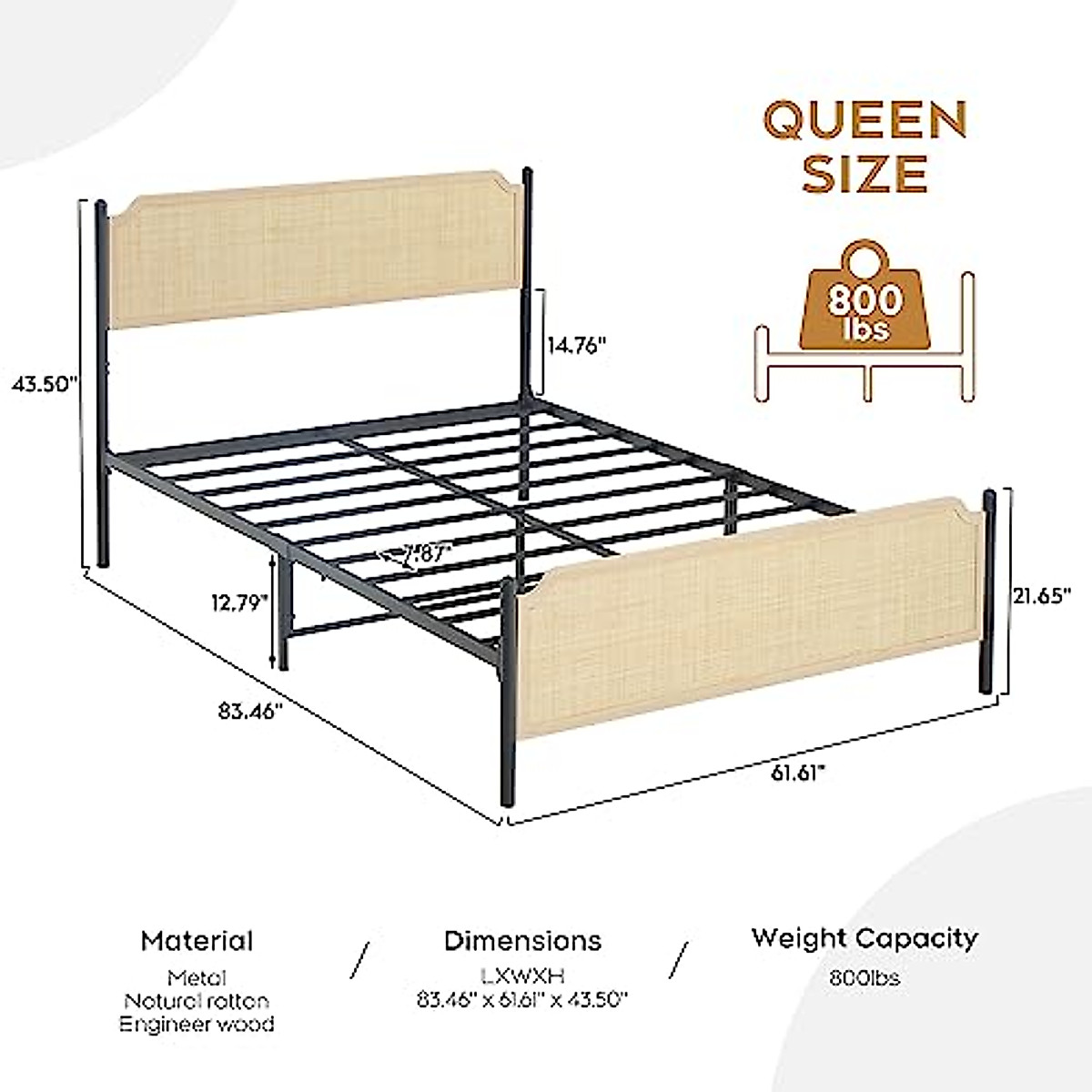 Brafab Natural Rattan Metal Bed Frame Queen Size with Wooden Headboard/Footboard, Modern Style Cane Boho Bed Frames with Heavy Duty Sturdy Steel Slat Support Bedframe, No Box Spring Needed