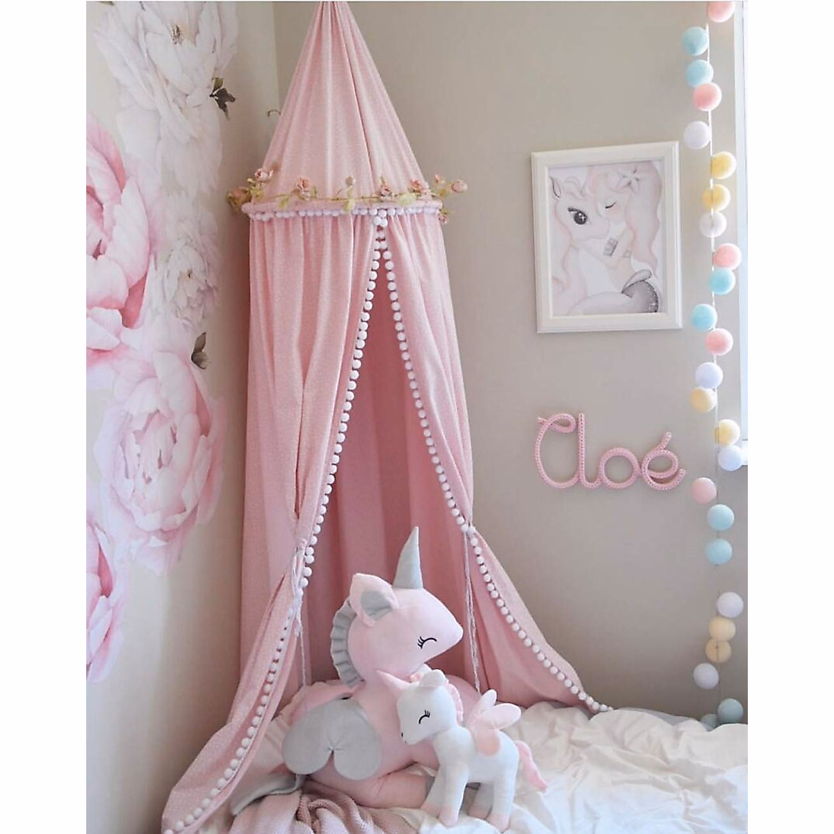 Bed Canopy for Girls Bed with Pom Pom, Cotton Dome Mosquito Net for Baby, Kids Indoor Outdoor Playing Reading, Bedroom Decoration (Peach Pink)