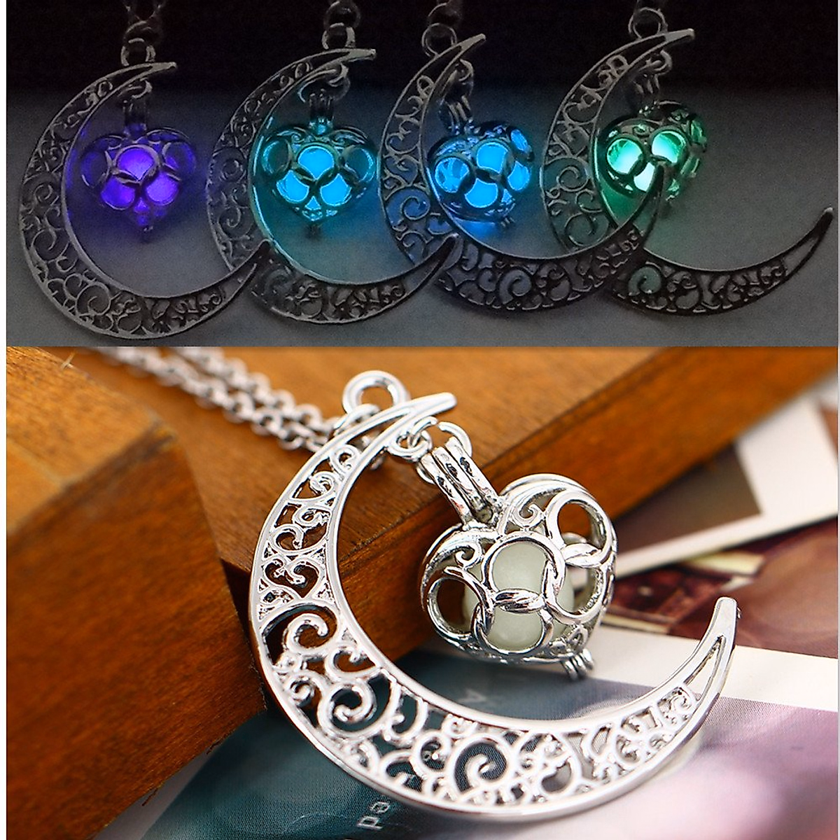 Fineder 4 Colors Luminous Series Moon Love Heart Pendant Necklace Fluorescent Necklace, Glow in the Dark Necklace