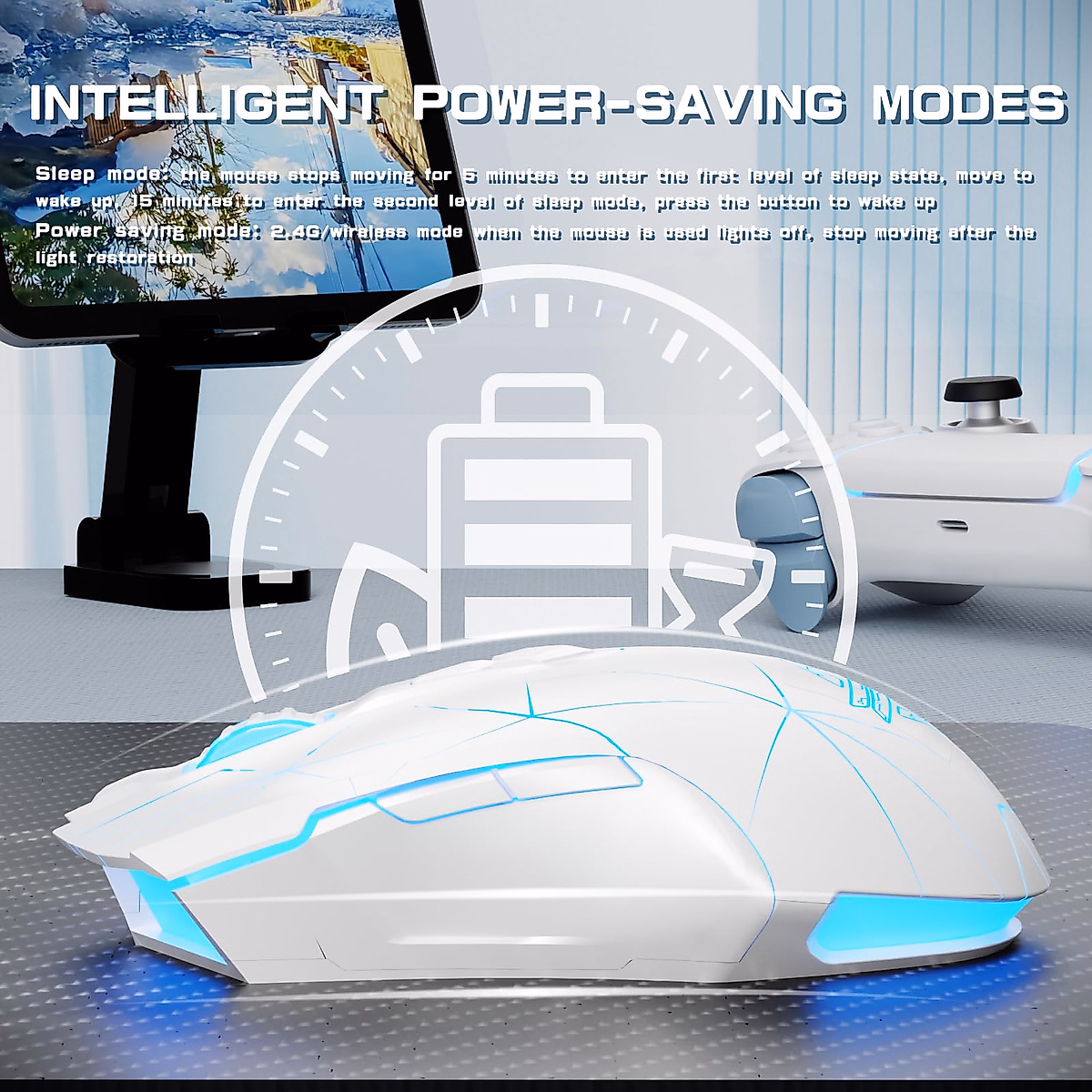 AJ52PRO Wired Wireless Bluetooth Gaming Mouse with RGB LED Backlight Adjustable 10000DPI Ergonomic 7 Programmable Button Rechargeable 800mAh Battery 2.4Ghz USB Receiver for PC Mac PS4 Gamer(StarWhite)