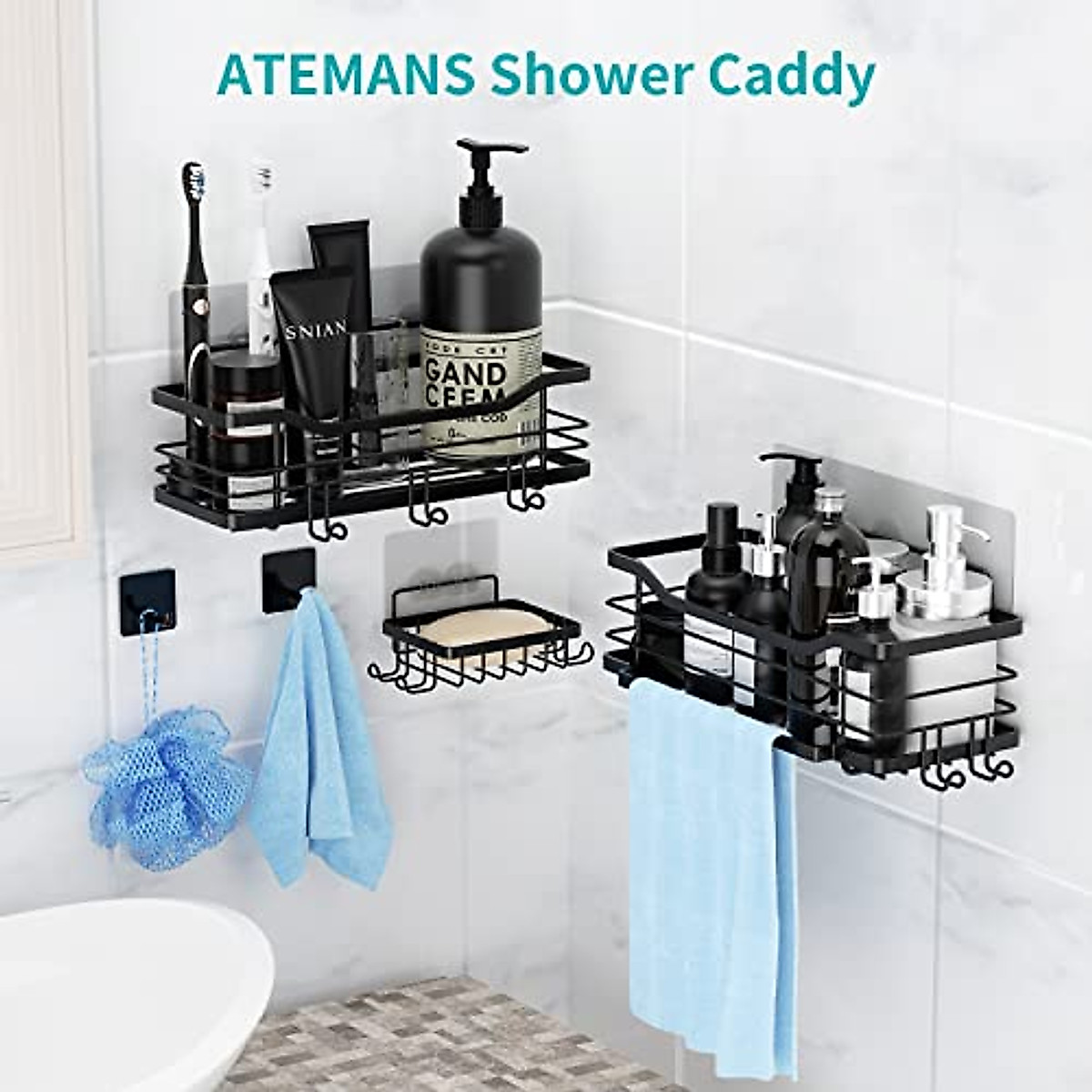 Shower Caddy, 5-Pack Shower Shelf, Adhesive Shower Organizer No Drilling with Soap Holder, 7 Hooks, Rustproof Stainless Steel Shower Rack Wall Mounted Bathroom Shower Storage Shelves for Inside Shower