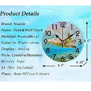 Naanle Chic 3D Underwater Ocean Swimming Sea Turtle Print Round Wall Clock Decorative, 9.5 Inch Battery Operated Quartz Analog Quiet Desk Clock for Home,Office,School