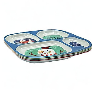 4E's Novelty Christmas Dinnerware Divided Plates For Kids (Set of 4) Melamine Plastic BPA Free Sectional Holiday Dinner Plates, Christmas Dishes for Toddlers