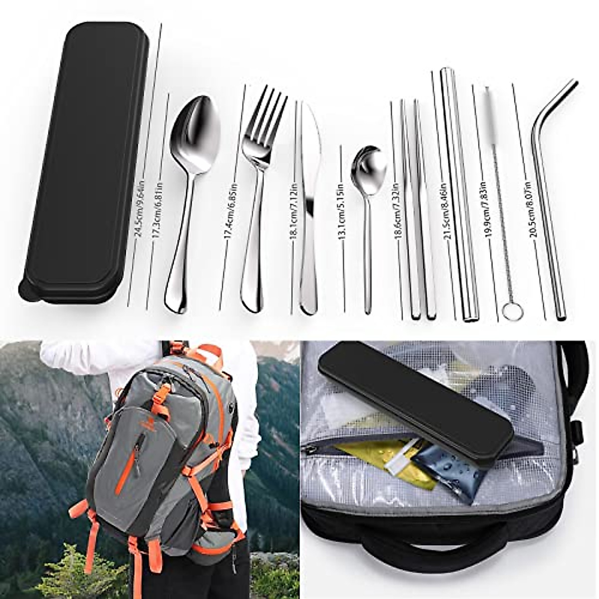 DAONG Portable Cutlery Set, Camping Cutlery Set, Travel Cutlery Set, Stainless Steel Table Cutlery Set, with Organiser for Home, Kitchen, School, Workplace, Lunch Box (Silver 9 pieces)