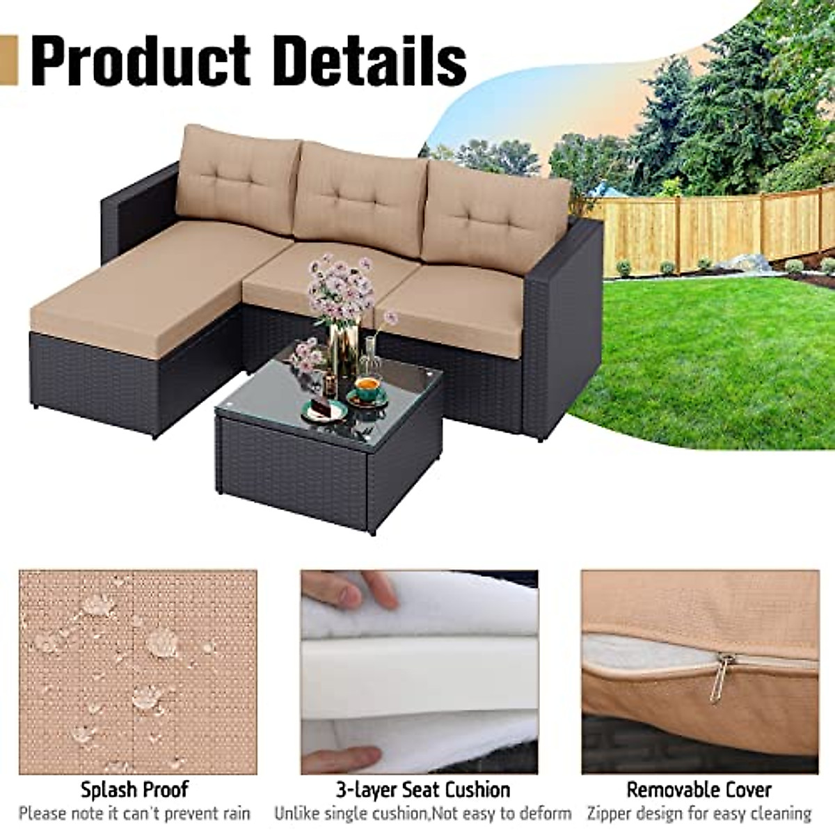 PHI VILLA Patio Sofa Set,3 Pieces All-Weather Upgrade Wicker Outdoor Sectional Sofa,L-Shaped Small Patio Conversation Furniture Set with Cushion and Coffee Table(Beige)