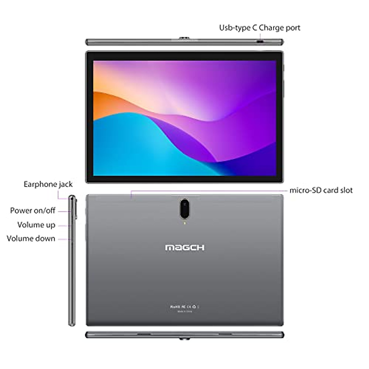 MAGCH 10 inch Tablet Android, 1920 * 1200 FHD Screen, Octa-Core Tablet, 64GB Storage 8000mAh Battery, Dual Camera Bluetooth 5.0/GPS/WiFi Android 11 Tablet, Metal Cover - Gray