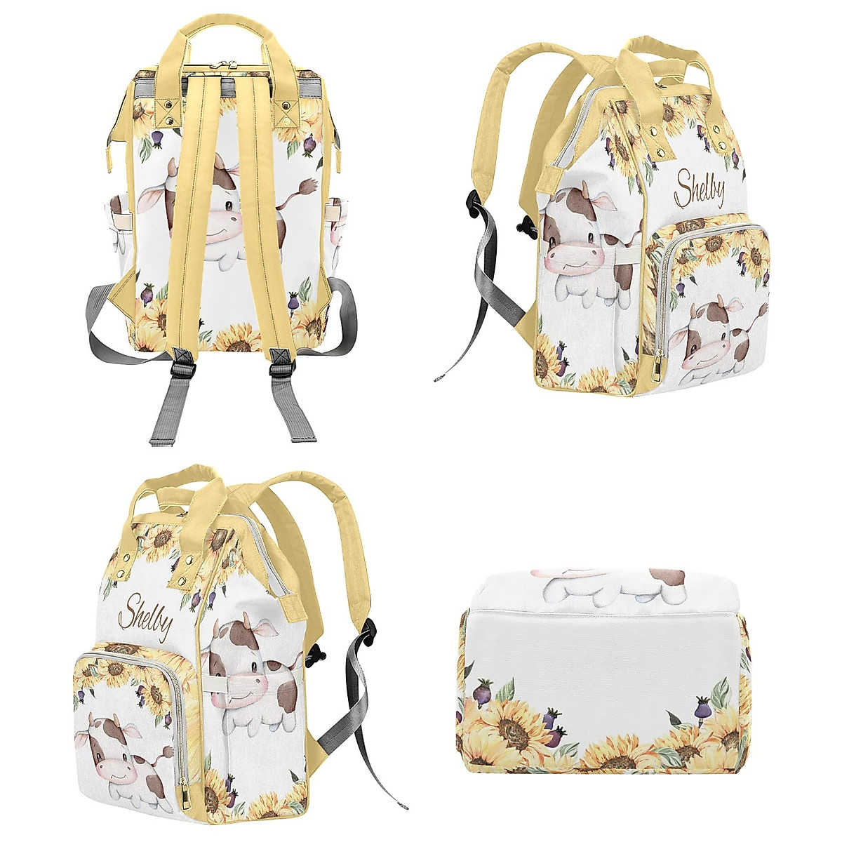 Sweet Sunflower Little Cow Personalized Diaper Backpack with Name,Custom Travel DayPack for Nappy Mommy Nursing Baby Bag One Size
