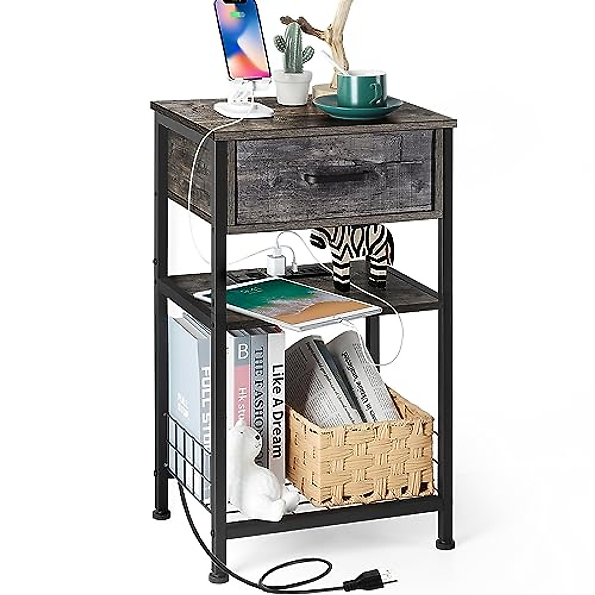 smusei Nightstand with Charging Station Night Stand with Fabric Drawer End Tables with USB Ports and Outlets Living Room Bed Side Table for Small Spaces, Dark Grey