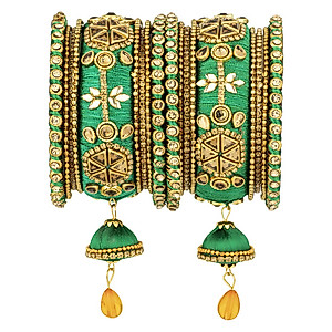 Aheli Royal Designer Faux Stone Studded Silk Thread Bangle Set Matching Chudha with Jhumki Tassel Hanging Indian Bollywood Fashion Jewelry for Women Girls (Green 2.8 Inch)