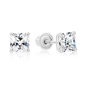 14k White Gold Solitaire Square Princess-cut CZ Stud Earrings with Secure Screw-backs (4mm)…