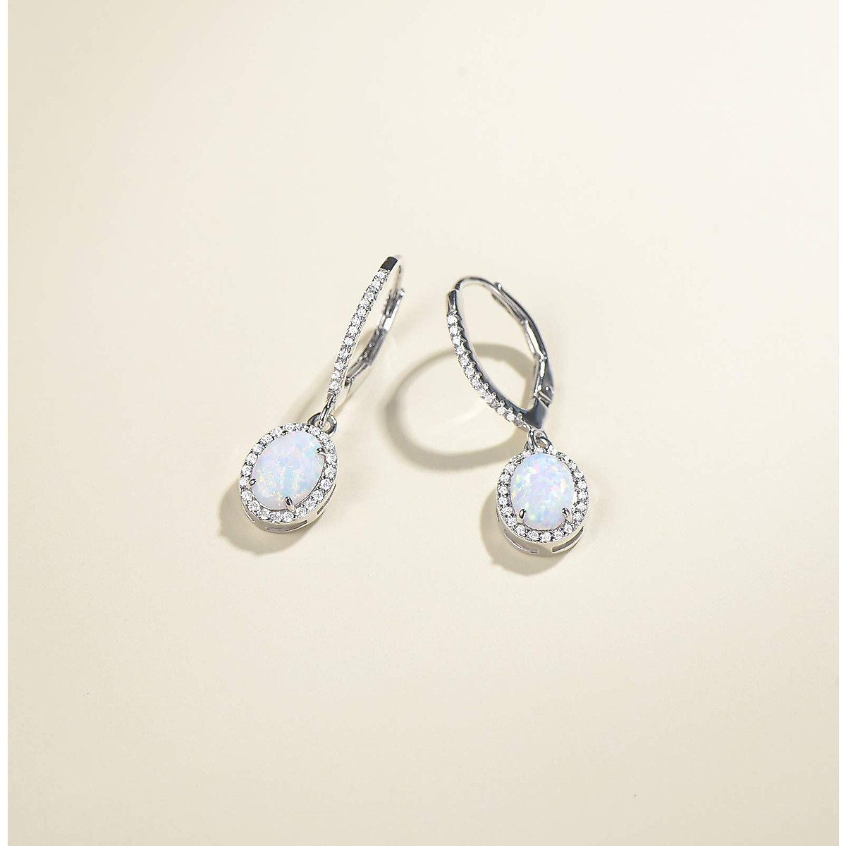 FANCIME Lever Back Earrings Sterling Silver Created White Fire Opal Halo Cubic Zirconia French Back Earrings Opal Jewelry for Women