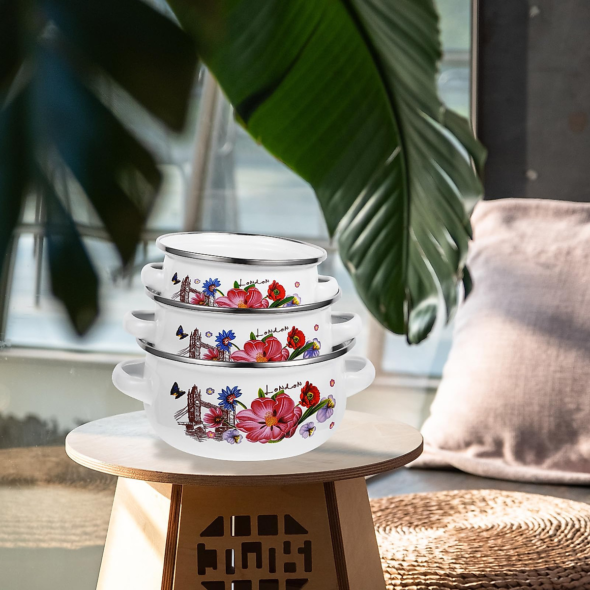 Amosfun Mini Soup Pot Retro Floral Enamelware Pot with Lid - 4.5 Inch 5.5 Inch 8 Inch Assortment Ramen Soup Pot with Handle Ears