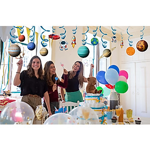 Kids Space Birthday Party Decorations - Blue Astronaut Spaceship Theme Happy Birthday Banner Hanging Solar System Spiral Planet Card Children's Gifts Cake Insert Supplies Set