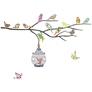 DECOWALL DW-1202 14 Birds on a Branch Kids Wall Stickers Wall Decals Peel and Stick Removable Wall Stickers for Kids Nursery Bedroom Living Room