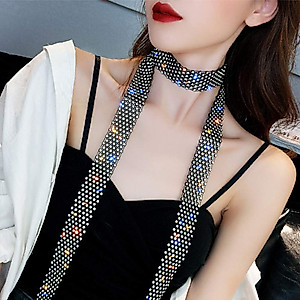 Aimimier Bohemian Long Rhinestone Necklace Black Tie with Sparkling Crystal Punk Body Waist Chain for Women and Girls