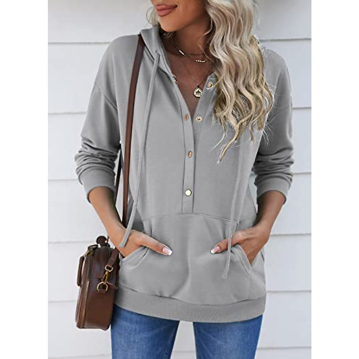 Shaeueak Women Hoodies Lightweight V Neck Sweatshirts Long Sleeve Shirts Loose Fit Sweaters Size Medium Grey