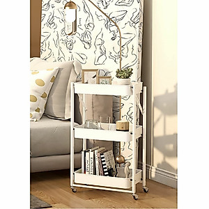 Ruishetop Foldable 3-Tier Metal Utility Rolling Cart with Wheels, Easy Assembly Folding Mobile Multi-Function Storage Organizer Cart for Home Office Kitchen Outdoor (White)