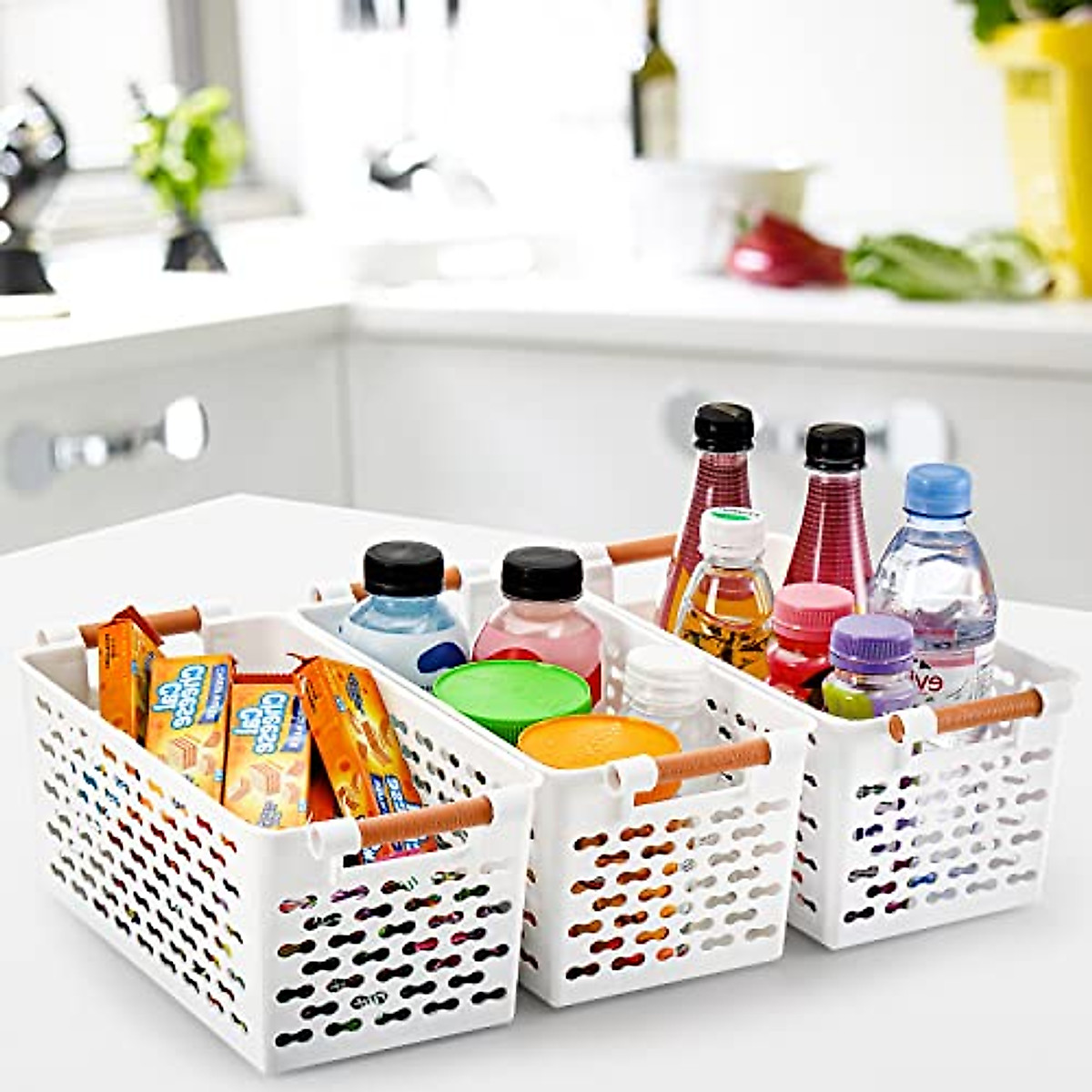 Yesland 6 Pack Plastic Storage Basket, White Organizing Bins Basket with Handles, Sturdy Plastic Closet Baskets Containers for CD, Small Closet Storage in Home Office - 12 x 6 x 5 Inches