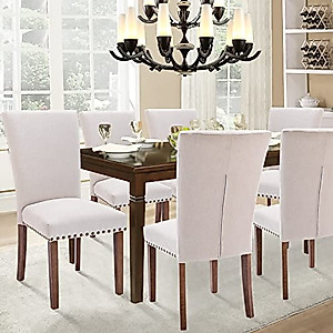 Parsons Dining Chairs Set of 4, Upholstered Nailhead Dining Room Kitchen Side Chair with Thick Cushions and Wood Legs, Beige