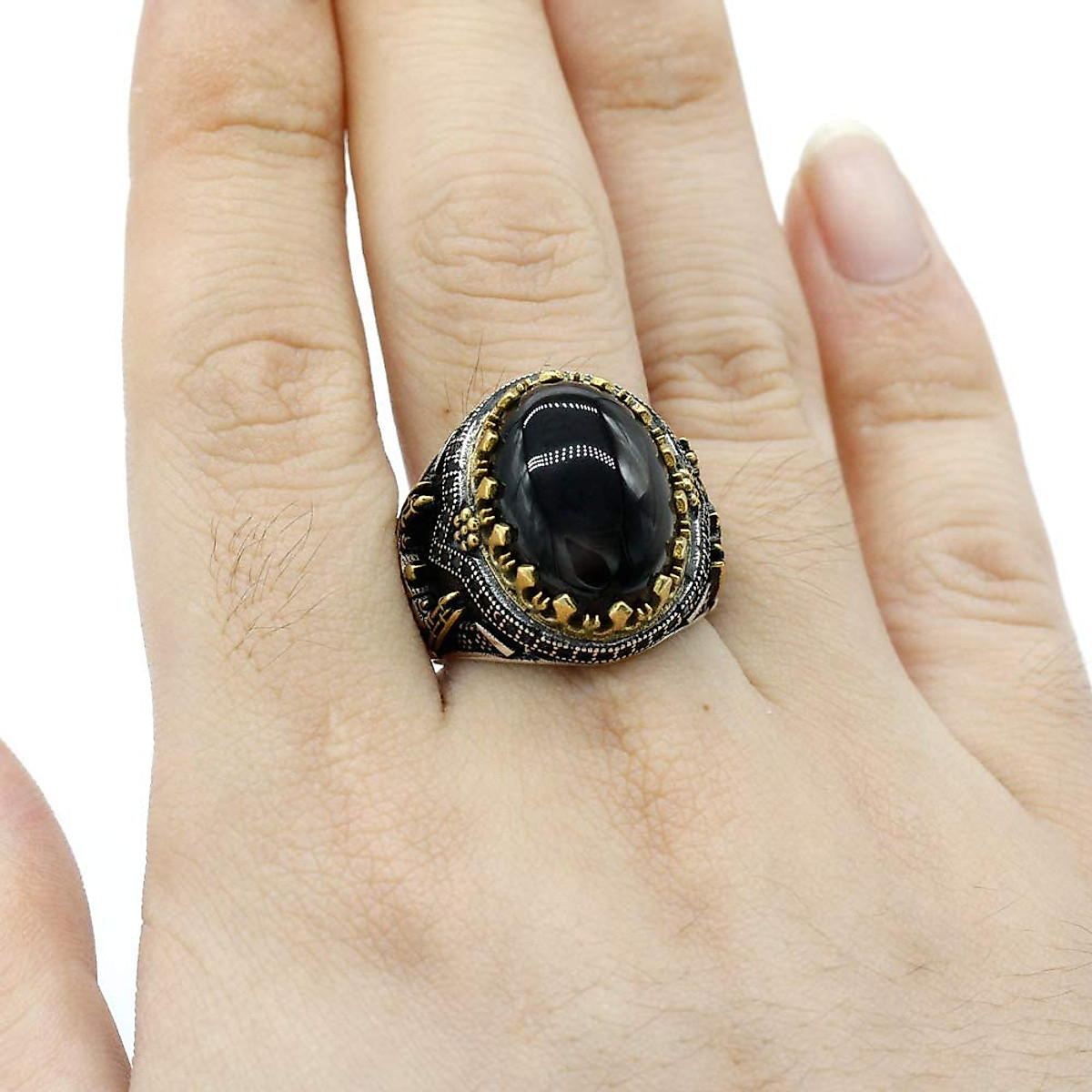 Qida Natural Agate Men's Ring S925 Pure Silver Black Agate Stone Ring Vintage Castle Men's Ring Gothic Unique Bracelet (Size9)