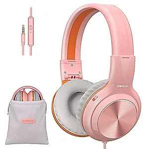 SIMOLIO Girls Wired Headphones with Microphone, 85dB 94dB 104dB Volume Limited Foldable Lightweight Headset with Share Jack & Bag for Kids Children School Cellphones Tablet Laptop PC
