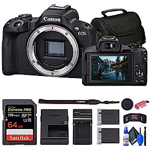 Canon EOS R50 Mirrorless Camera (Black) (5811C002) + 64GB Memory Card + Bag + Charger + LPE17 Battery + Card Reader + Memory Wallet + Cleaning Kit (Renewed)