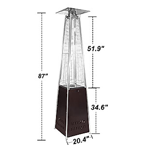 Polar Aurora Patio Propane Heater Pyramid Dancing Flame 42,000 BTU Quartz Glass Tube Outdoor Portable Heater w/ Wheels & Ground Nail for Party, Restaurant, Garden, Commercial,Brown