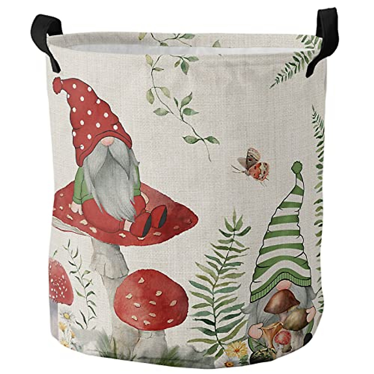Mushroom Eucalyptus Large Laundry Basket, Collapsible Bag with Easy Carry Handles, Boho Plant Leaves Buffter-fly Waterproof Foldable Freestanding Hamper, Folding Washing Bin Clothes Storage Round
