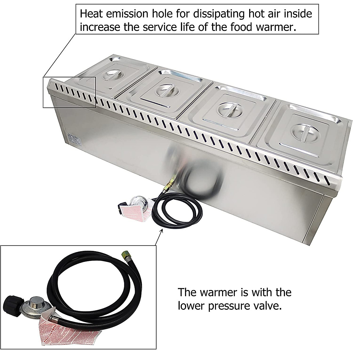 INTBUYING LP Gas Food Soup Warmer Propane Gas Stove Bain-Marie Commercial Canteen Buffet Steam Heater Stainless Steel with Gas Regulator Valve 12''x8.7''x4''Pan-4 Pans Single Row