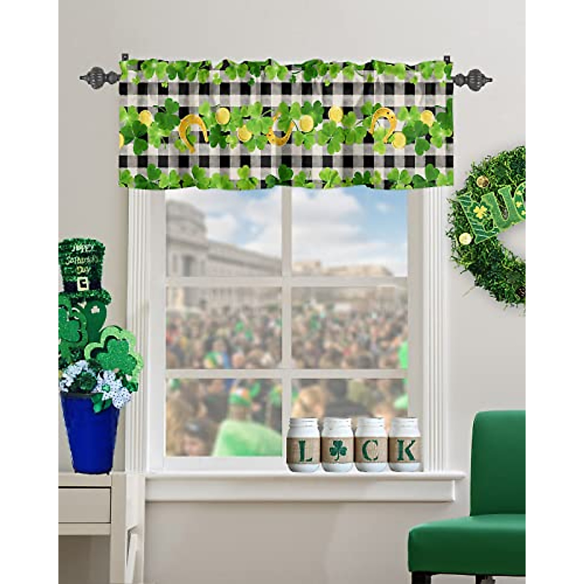 Curtain Valance for Windows St. Patrick's Day Clover Leaf Horseshoe Gold Kitchen Valances Rod Pocket Short Curtains,Black White Plaid Window Treatment Panel for Living Room Bathroom Bedroom 60x18in