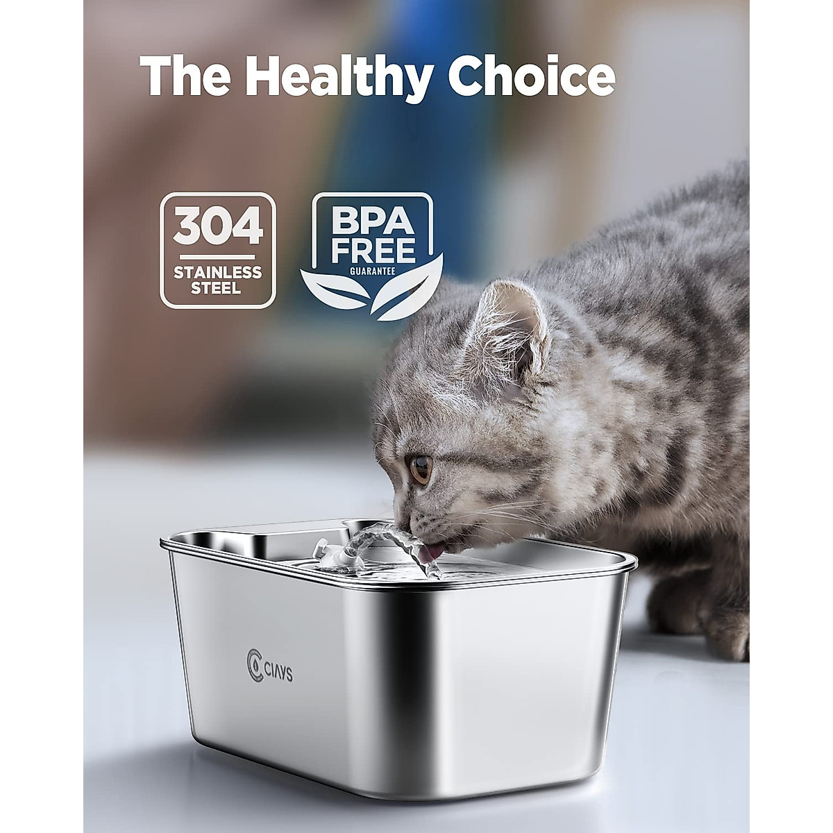 Ciays 61oz/1.8L Cat Water Fountain Stainless Steel Dog Water Bowl Dispenser Automatic Pet Water Fountain with Quiet Pump, Dishwasher Safe Design & Adjustable Water Flow for Cats, Dogs