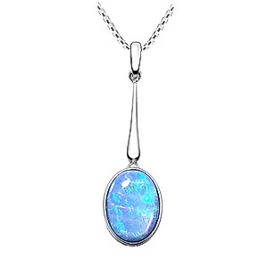 Paul Wright Created Blue Opal Necklace, in 925 Sterling Silver, 15mm x 10mm Oval Drop Pendant Design, Vibrant Blue Color, 16” plus 2” Extender