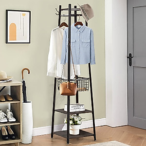 VECELO Coat Rack Freestanding, Entryway Clothes Stand with Metal Basket and 2 Shelves, Upgrade Hall Trees with 8 Dual Hooks for Bags, Hats, and Umbrellas, Industrial Styles, Vintage Brown+ Black