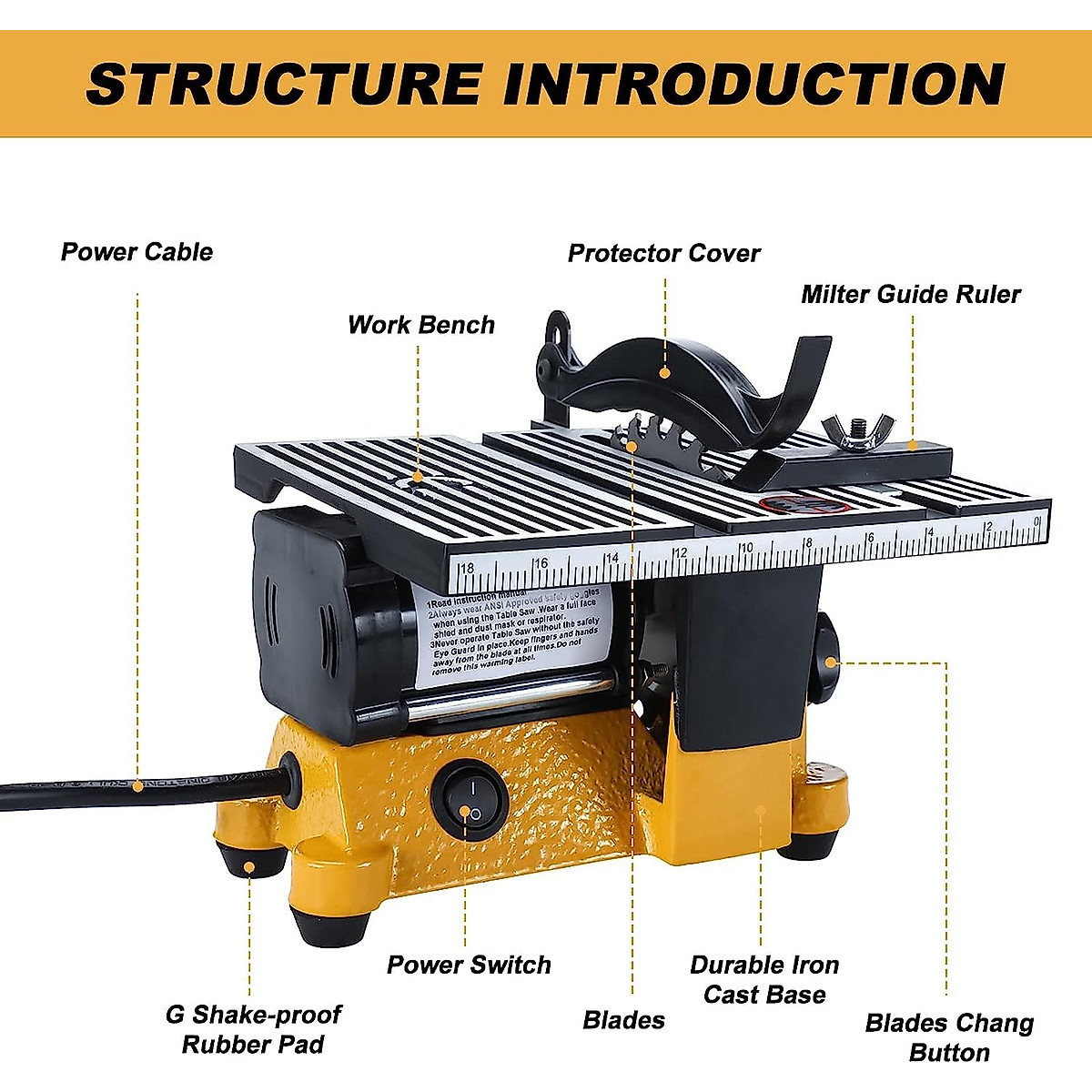 Yaegoo 4" Mini Table Saw, 60W 110V Portable Miter Saw Hobby Table Saw Bench Electric Cutting Machine for DIY Handmade Woodworking Crafts, 3 Blades