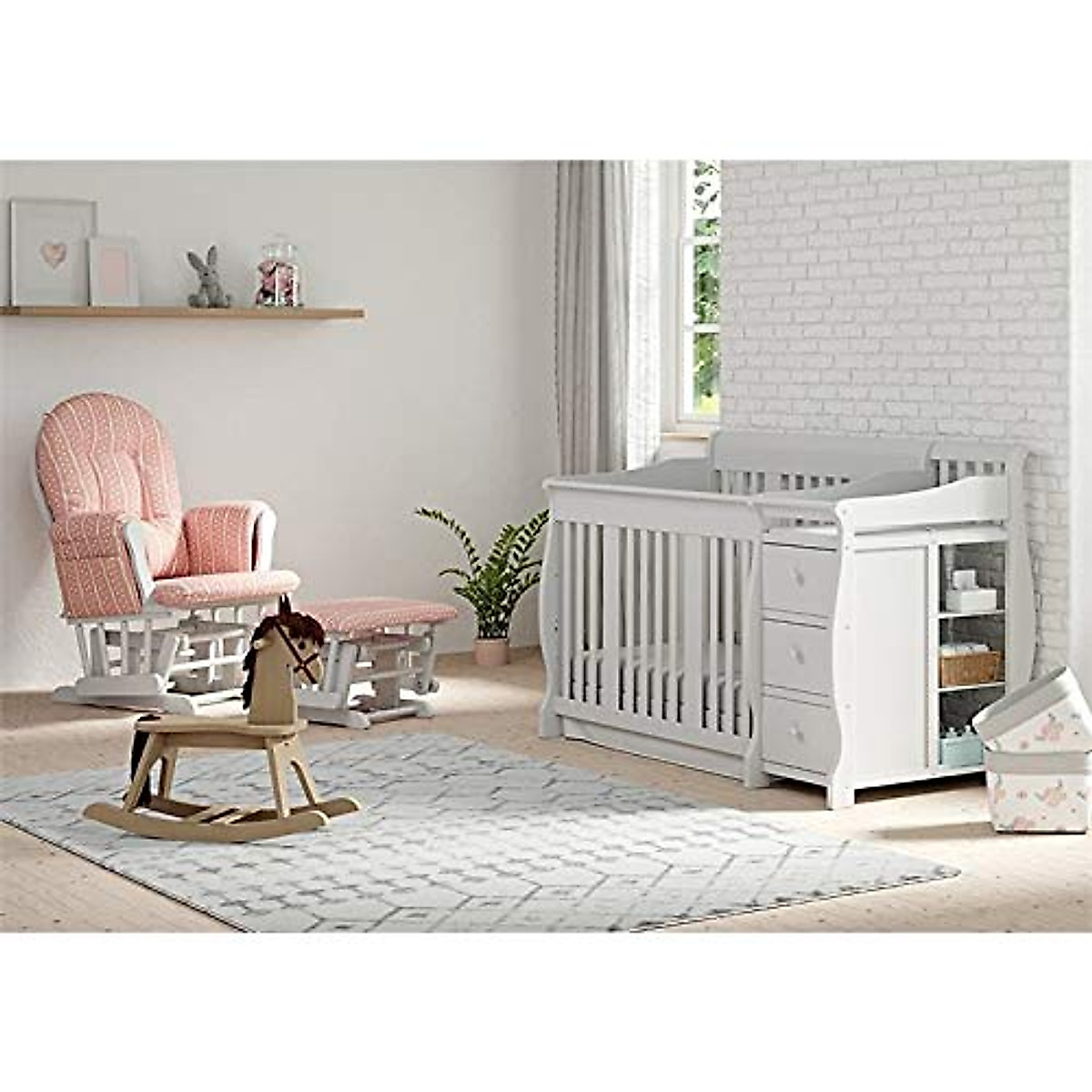 Pemberly Row 4-in-1 Convertible Crib and Changing Table Combo in White, Three Level Adjustable Mattress Height, Easily Converts to Toddler Bed or Day Bed