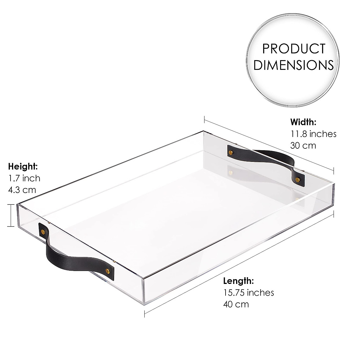 Elavain Acrylic Clear Serving Tray with Black Faux Leather Handles, Sturdy Perfume Organizer Tray, Large Tray for Ottoman Coffee Table, Countertop, Vanity, Kitchen & Living Room/ 15.75’’ x 11.8’’