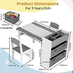 Arlopu Kids Art Table and 2 Chairs, Toddler Craft Drawing Desk with Large Storage Shelves, 4 Storage Bins and Paper Roll, Kids Activity and Study Table Furniture, for Daycare, Game Room (Grey)