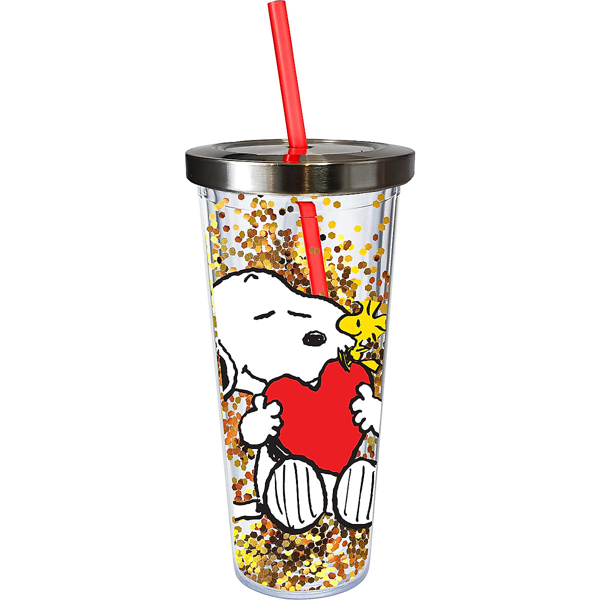 Spoontiques - Glitter Filled Acrylic Tumbler - Glitter Cup with Straw - 20 oz - Stainless Steel Locking Lid with Straw - Double Wall Insulated - BPA Free - Snoopy Drinking Cup