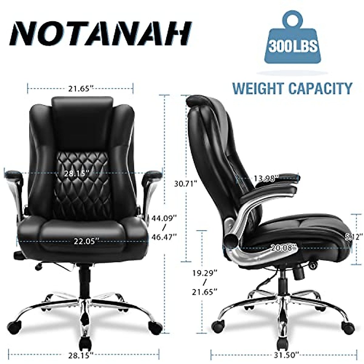 High Back Office Chair with Lifting Headrest - Flip Arms Adjustable Built-in Lumbar Support, Executive Computer Desk Chair Home Office Work Chairs, Thick Padded, Strong Metal Base, Ergonomic Design