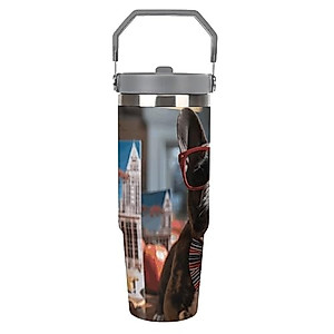 30oz Stainless Steel Insulated Tumbler with Flip Lid & Straw, Leakproof Travel Mug for Car, French Bulldog Wearing Sunglasses Double Wall Vacuum Thermal Coffee Cup with Handle, Spill-Proof Design for
